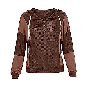 Women's Fashion Sweatshirt Classic Solid Color Long Sleeve V Neck Button Down Drawstring Pocket Workout Hoodies Blouse Coffee