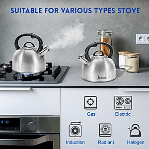 Jeasom Tea Kettle Stovetop - Food Grade Stainless Steel Whistling Tea Pot with Ergonomic Handle, Unique Button Control Kettle Outlet, Can Be Used in the Kitchen or Camping, 3.1 Q/3L
