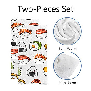 Hand Towel Hand Drawn Cute Japanese Sushi Face Towel Set of 2 Fingertip Towel Kitchen Tea Bar Dish Cloths Absorbent Dry Shower Towel