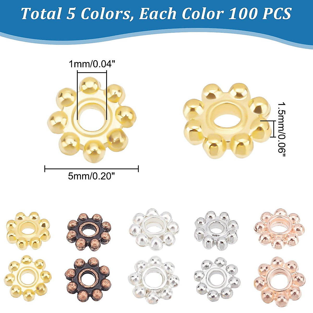 PH PandaHall 500pcs 5mm Flower Spacer Beads 5 Colors Tibetan Alloy Daisy Metal Spacers Mini Snowflake Loose Beads Craft Jeweley Beads for Bracelet Necklace Earring Jewelry Making
