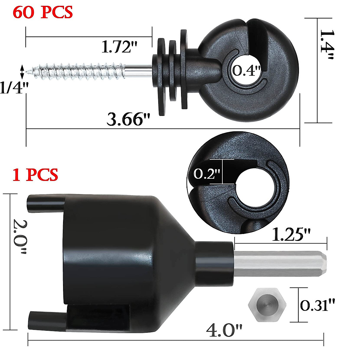 60 Pcs Black Electric Fence Insulator Screw-in Insulator Fence Ring Post Wood Post Insulator and 1 Pc Free Insulator Socket Tool