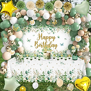 Sage Green Birthday Party Decoration Green Birthday Party Supplies for Boys Girls Happy Birthday Backdrop Tablecloth Balloon Arch Butterfly Stickers for Women Adult Birthday Decor Neutral Baby Shower