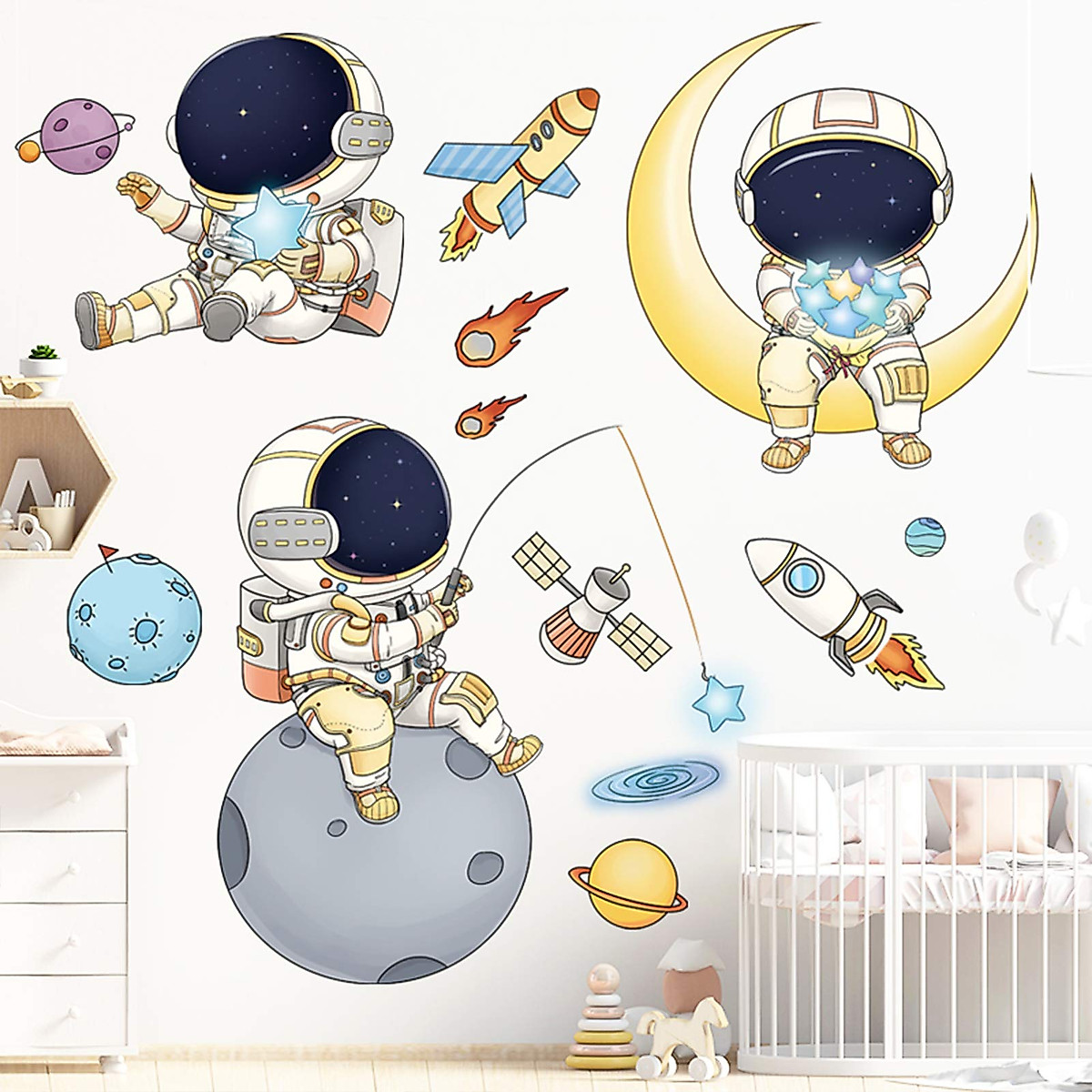 Astronaut Wall Stickers for Boys Bedroom, DILIBRA Cartoon Spaceman Outer Planet Creative DIY Art Vinyl Removable Wall Decal, Star Spaceship UFO Glaxy Wallpaper Decor for Kid’s Room Nursery