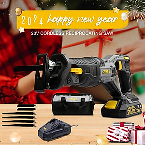 RIDA Cordless Reciprocating Saw 20V w/Battery & Charger, 2 Modes & 0-3000 SPM Variable Speed, Carry Bag, 2 x 6" metal blade & 4 x 11" wood blade for Wood/Metal/PVC Pipe Cutting New Year presents