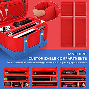 Cute Switch Carry Case for Nintendo Switch/Lite/OLED, Portable Soft Shell Waterproof Protective Storage Travel Carrying Case Messenger Bag Oxford for NS SD Console Dock JoyCons Accessories, Blue & Red