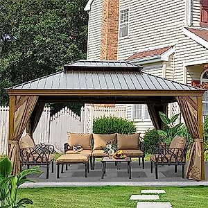 Evedy 12x16 ft Hardtop Gazebo with Nettings and Curtains, Outdoor Heavy Duty Aluminum Gazebo with Galvanized Steel Double Canopy for Patio, Backyard, Deck, Lawns and Balcony