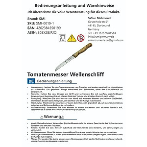 SMI - Tomato Knife Paring Knife Serrated Professional Olive Wood Handle Solingen Knife Made in Germany - Not Dishwasher Safe