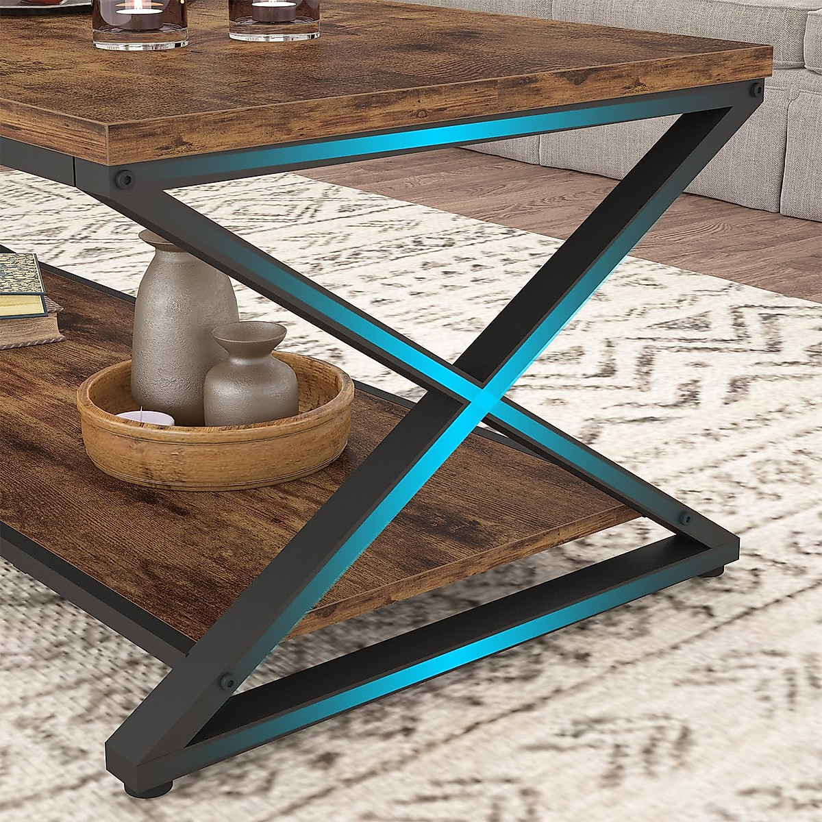 HSH Wood Coffee Table with Storage, Farmhouse Rustic Brown Coffee Table for Living Room, Modern Minimalist 2 Tier Center Table, Simple Rectangle Cocktail Tea Table in Home Office Bedroom, 39 Inch