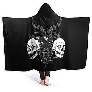 Demon Baphomet Satanic Goat Head and Skull Hooded Blanket Soft Plush Wearable Hoodie Blanket Warm Hooded Robe Poncho Cape Wrap Bathrobe Sofa Sleeping Throw Flannel Bedding 80"X60" for Adult Queen