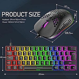 60% Mechanical Gaming Keyboard, Blue Switches, Rainbow LED Backlight Compact Wired Keyboard, TKL Wired Keyboard, Programmable Macro, RGB Mouse 6400 DPI , for PC Gamers and Office Typists (Black)