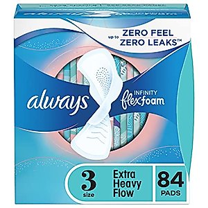 Always Infinity Feminine Pads For Women, Size 3 Extra Heavy Flow Absorbency, Multipack, With Flexfoam, With Wings, Unscented, 28 Count x 3 Packs (84 Count total)