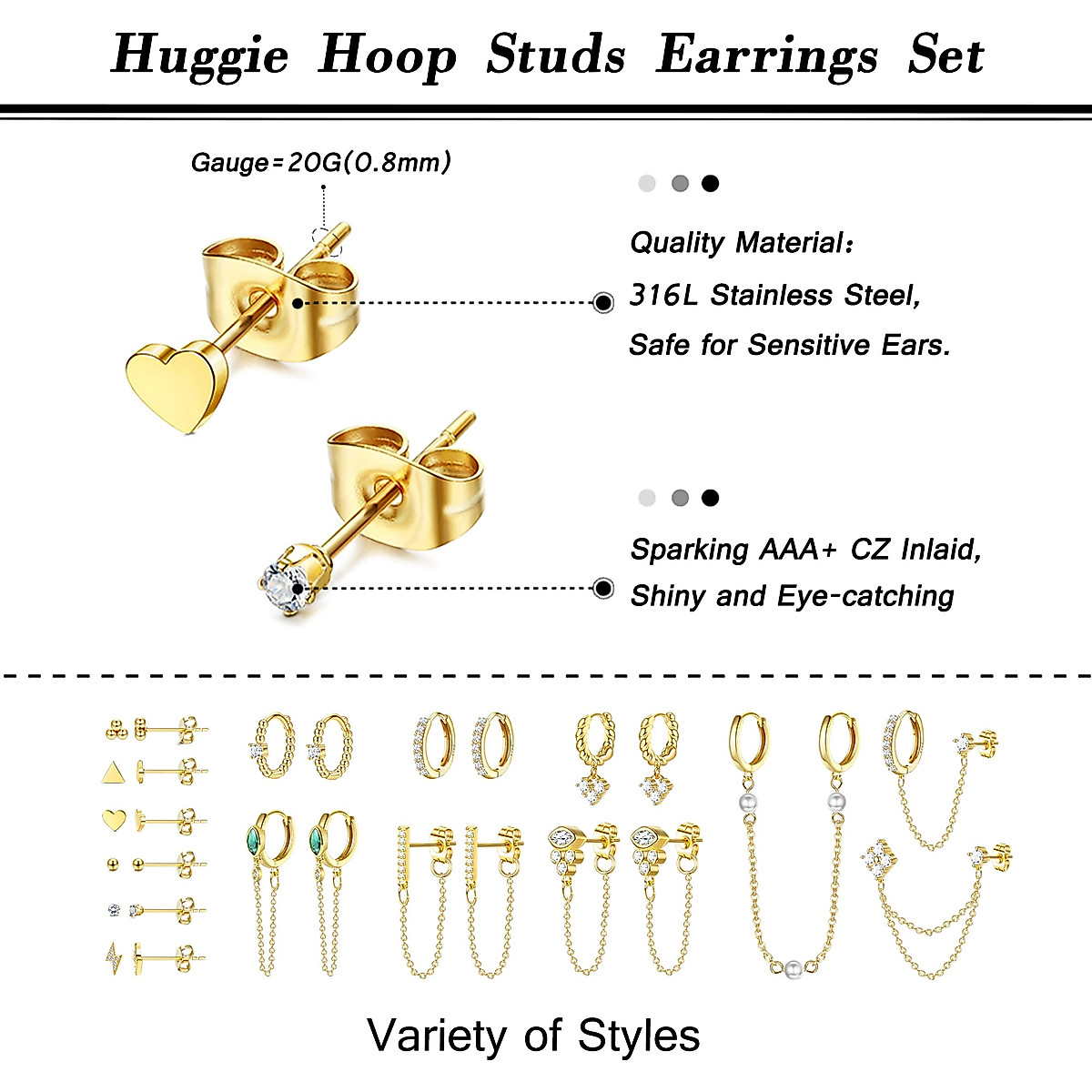 BESTEEL 27PCS 14K Gold Plated Huggie Hoop Stud Earrings Set for Women,Fashion Hypoallergenic Small Dainty Dangle Chain Earrings for Multiple Piercing, Stainless Steel, Cubic Zirconia