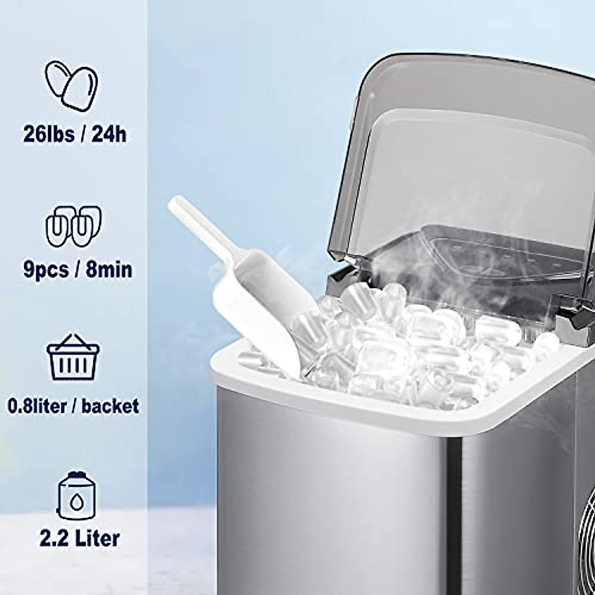 WATOOR Portable Ice Maker Machine for Countertop, 26 lbs Bullet Ice Cube in 24H, 9 Ice Cubes Ready in 6-9 Minutes,2.2L Ice Maker Machine with Ice Scoop and Basket Silver