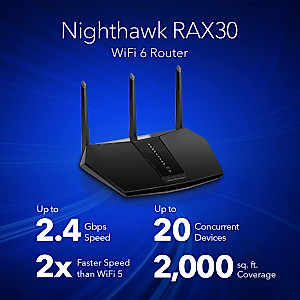 NETGEAR Nighthawk WiFi 6 Router (RAX30) 5-Stream Dual-Band Gigabit Router, AX2400 Wireless Speed (Up to 2.4 Gbps), Coverage Up to 2,000 sq.ft. and 20 Devices (Renewed)