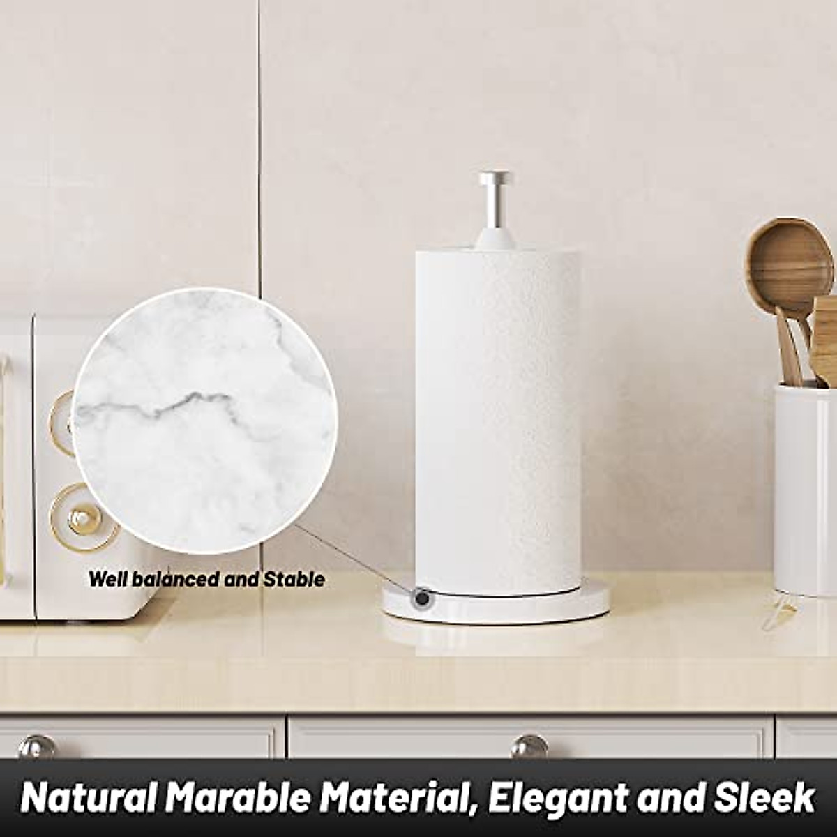 VEHHE Paper Towel Holder, Marble Paper Towel Holder Countertop Heavy Weighted, Paper Towel Stand with Suction Cups Free-Standing, Perfect Tear Paper Kitchen Towel Holder
