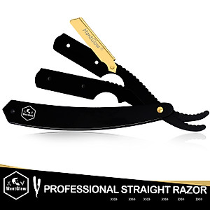 Professional Matte Black Barber Straight Razor with 10 Premium Quality Straight Edge Razor Shark Blades, For Smooth Shave and Lining Up Your Beard (Black)