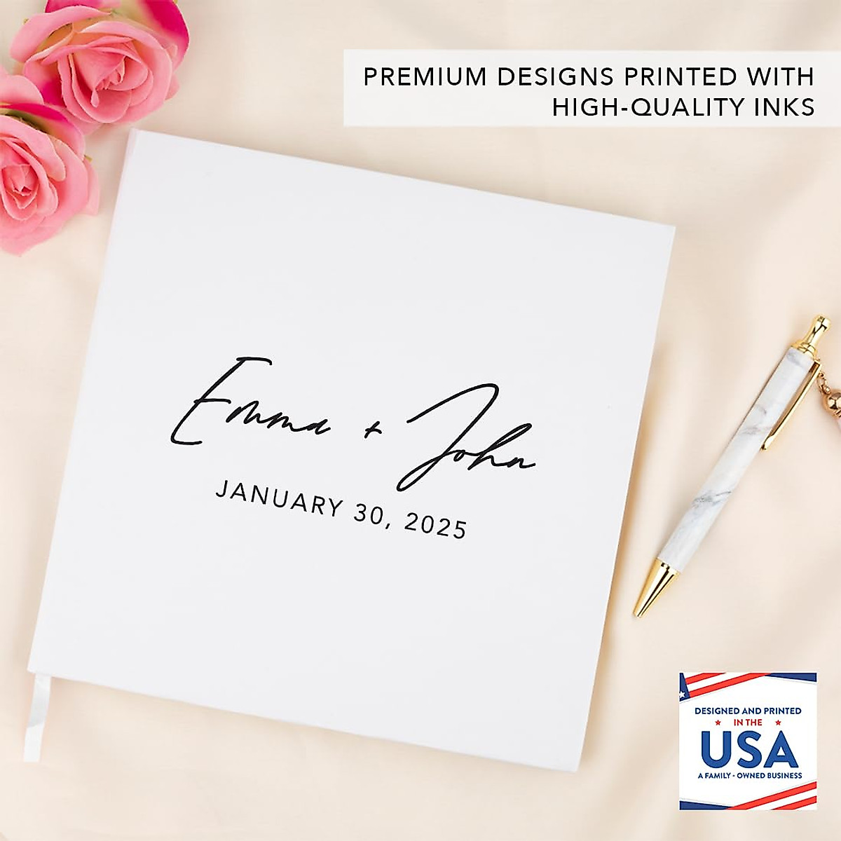 Andaz Press Personalized Wedding Guestbook with Gold Accents, Minimal Custom Guestbook, White Guest Sign-in Registry, 120 Pages 8.5" X 8.5" Memories Book for DIY Scrapbook Photo Album, Keepsake