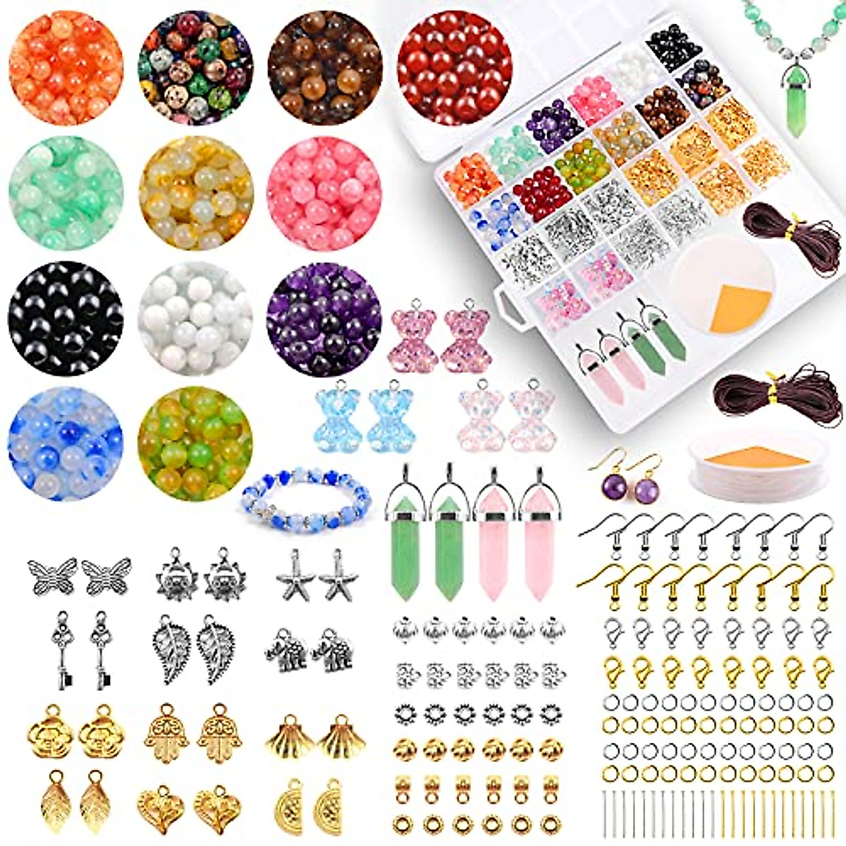 Jcutelry Gemstone Beads for Jewelry Making Kit Mixed 8mm Round Loose Stone Bead with Natural Healing Stone Pendants Resin Bear Charm Metal Spacer Bead for DIY Craft Bracelets Earring Necklace (style1)