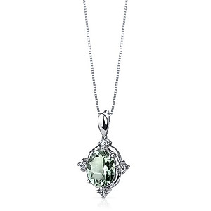 PEORA Green Amethyst Vintage Solitaire Pendant Necklace for Women 925 Sterling Silver, Natural Gemstone, 1.50 Carats Oval Shape 9x7mm, with 18 inch Chain, 100% Natural & Real,