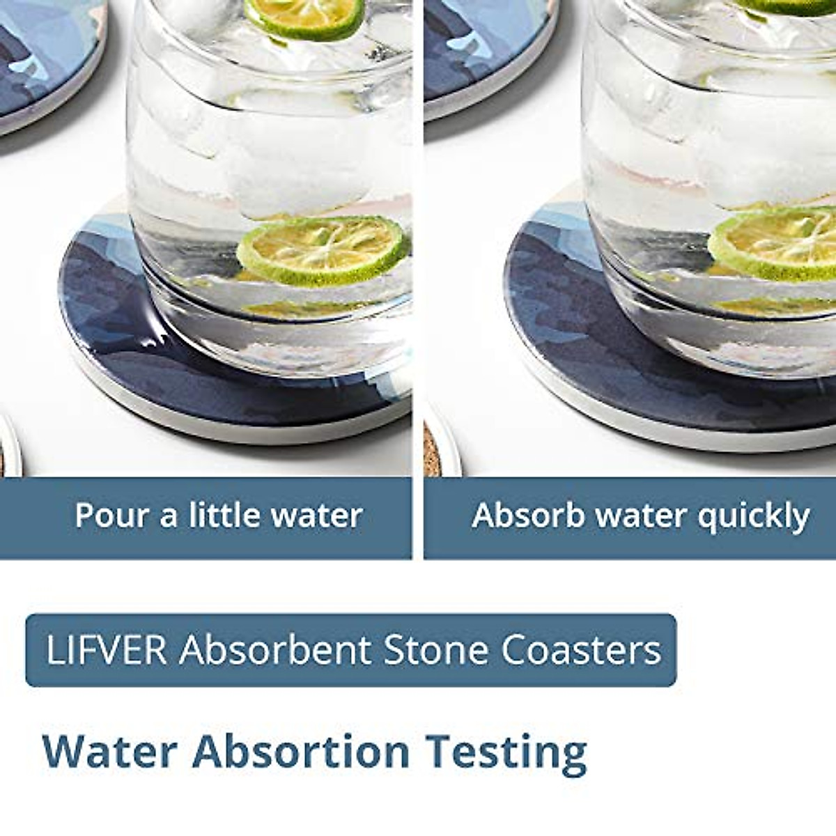 LIFVER Absorbent Drink Coasters with Holder, Set of 6 Ceramic Coasters Set with Cork Base, for Kinds of Drinking Glasses, 4 Inches Stone Coasters for Home Decor, White Elephant Gifts for Adults