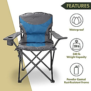 ARROWHEAD OUTDOOR Portable Folding Camping Quad Chair w/Added Ultra-Comfortable Padding, Cup-Holder, Heavy-Duty Carrying Bag, Padded Armrests, Supports up to 330lbs, USA-Based Support (Blue & Gray)