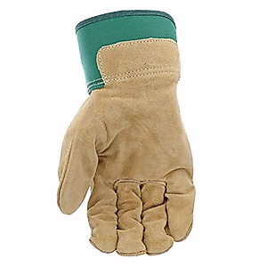 Scotts Men's Durable Split Cowhide Leather Palm Work Gloves, Abrasion Resistant, Safety Cuff, Padded Knuckle, Green/Yellow, Large, (SC75525/L)