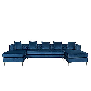 Modern U-Shape Sectional Sofa,Large Modular Sofa Velvet Couch Set with 5 Pillows and Metal Feet,Extra Wide Chaise Lounge Couch with Button Tufted and Nailhead Trim for Apartment Living Room,Blue