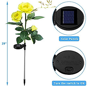Solar Garden Decorations, 2 Pack 6 Solar Lights Outdoor Decorative with Exquisite Rose Flowers, Garden Lights Solar Powered Waterproof, Solar Flower Lights for Patio, Pathway, Yard Decoration (Yellow)