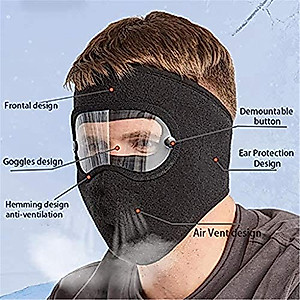 Full Face Protection Headgear, Dust-Proof Facial Protection Anti-Fog, Winter Warm Masks, Polar Fleece Riding Windproof Hd Goggles Face Protection Mouth Shield (Black)