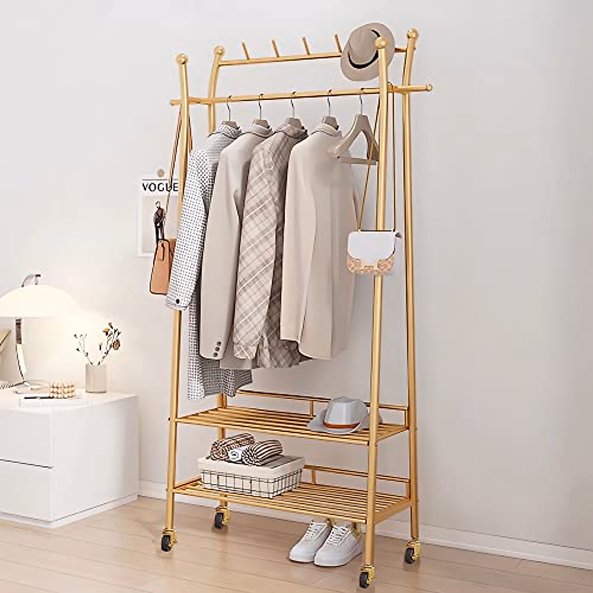 KaKaBB Gold Clothing Racks for Hanging Clothes, Heavy Duty Garment Rack, Rolling Clothes Rack with Storage Shelf on Wheels, Organizer Closet, Golden(31.5in)
