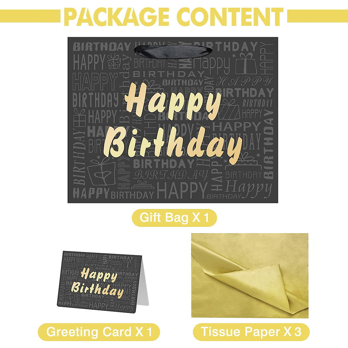 13" Large Black and Gold Happy Birthday Gift Bag with Tissue Paper and Card for Men Women Birthday