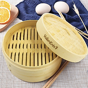 VallenEnix Bamboo Steamer Basket - 10-inch, 2-Tier, Stainless Steel Adapter Ring, 4 Silicone Liners. Natural Basket Steam, Cook Asian Food, Dim Sum, Chinese Dumplings, Bao Bun, Vegetables & Rice