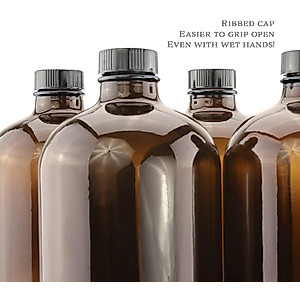 Cornucopia 32-Ounce Amber Kombucha Growler Bottles, 4-Pack, 1 Quart Boston Round Glass Bottles with 6 Polycone Phenolic Lids for Home Brewing