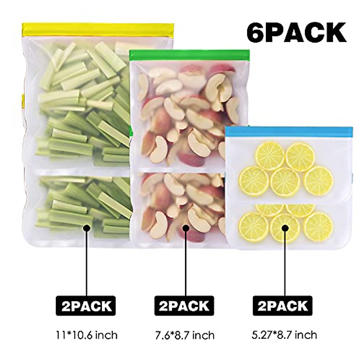 Skycase Reusable Storage Bags,[6 Pack] Reusable Food Storage Bags,2 Snack Bags+2 Sandwich Bags+2 Gallon Bags, Silicone Food Storage Bags for Fruits,Travel,Home Organization