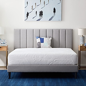 Lucid Queen Bedframe with Vertical Channeled Headboard — Upholstered Platform Bed — Easy Assembly — Queen Size — No Box Spring Needed — Stone Color