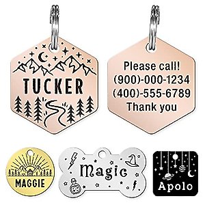 vimdevs Custom Double-Sided Engraved Cat and Dog Tags, Many Unique and Cute Design Pet ID Tag, Bone, Round, Hexagon and Square (Hexagon (5 Color))