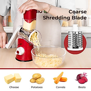 X Home Rotary Cheese Grater for Kitchen, Shredder with 3 Interchangeable Blades, Rotary Grater with Handle and Strong Suction Base, for Vegetables, Fruit, Nuts, Easy to Use and Clean, Red