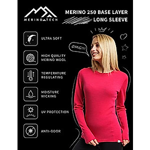 Merino.tech Merino Wool Base Layer Women 100% Merino Wool Midweight Long Sleeve Thermal Shirts + Wool Socks (Medium, Black 250)