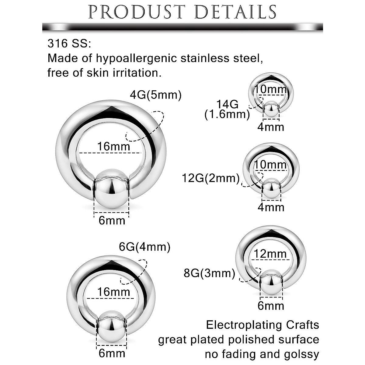 Hoeudjo Large Septum Rings 14G 12G 8G 6G 4G PA Ring Spring Action Captive Bead Rings Ear Gauges Stretching Expander Kit Stainless Steel Stretched Septum Jewelry Kit for Women Men