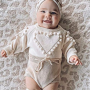 bebeshopdelageyhu Newborn Baby Girl Sweater Romper Ruffle Sleeve Cotton Knitted Bodysuit Fall Winter Outfit Infant Clothes (3-6 Months,A Beige)