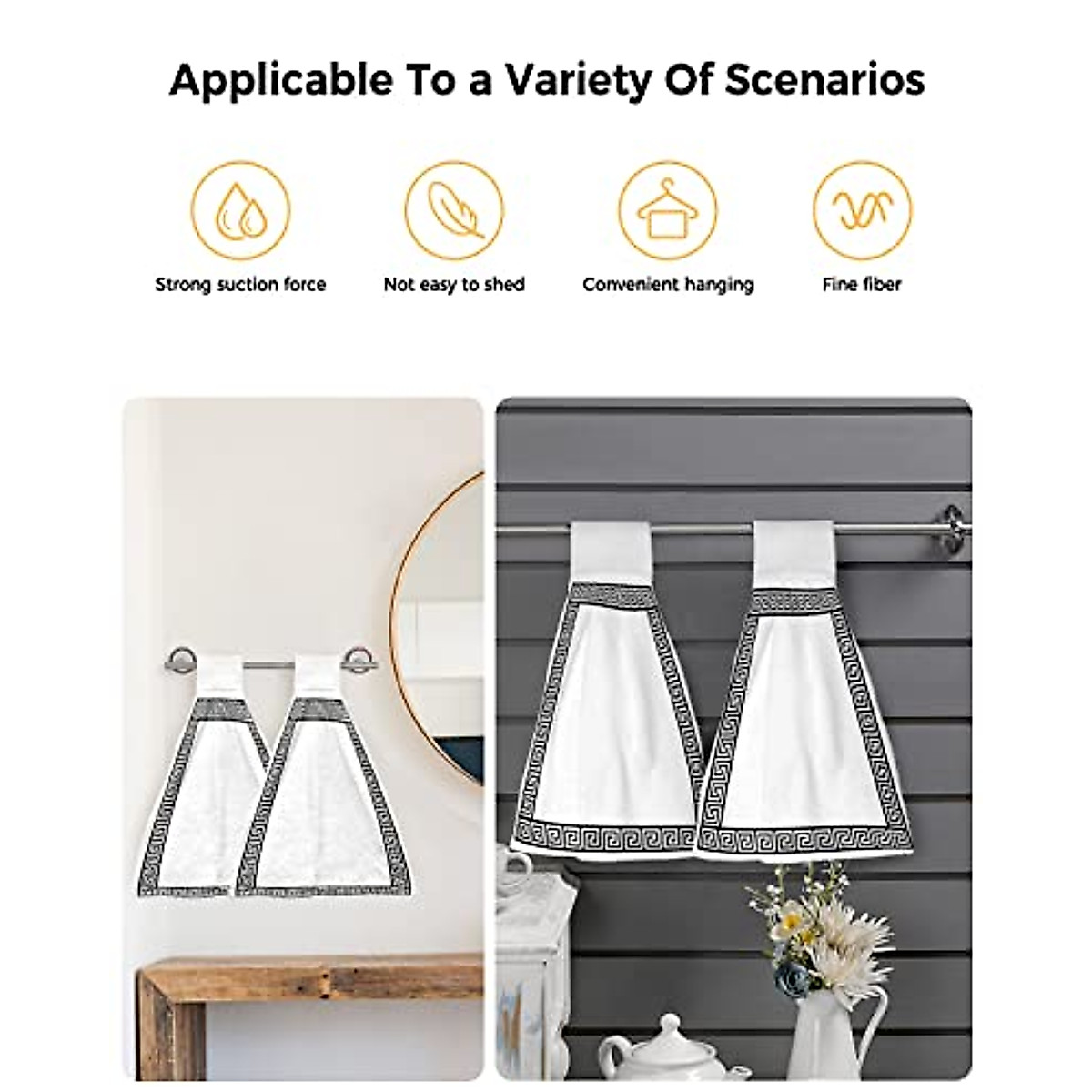 Ldtrchee Black Geometric Hand Towel with Hanging Loop, Modern Key Greek Design Abstract Art Hanging Tie Towels Set 2 Pcs, Kitchen Absorbent Towel for Bathroom Tea Bar Laundry