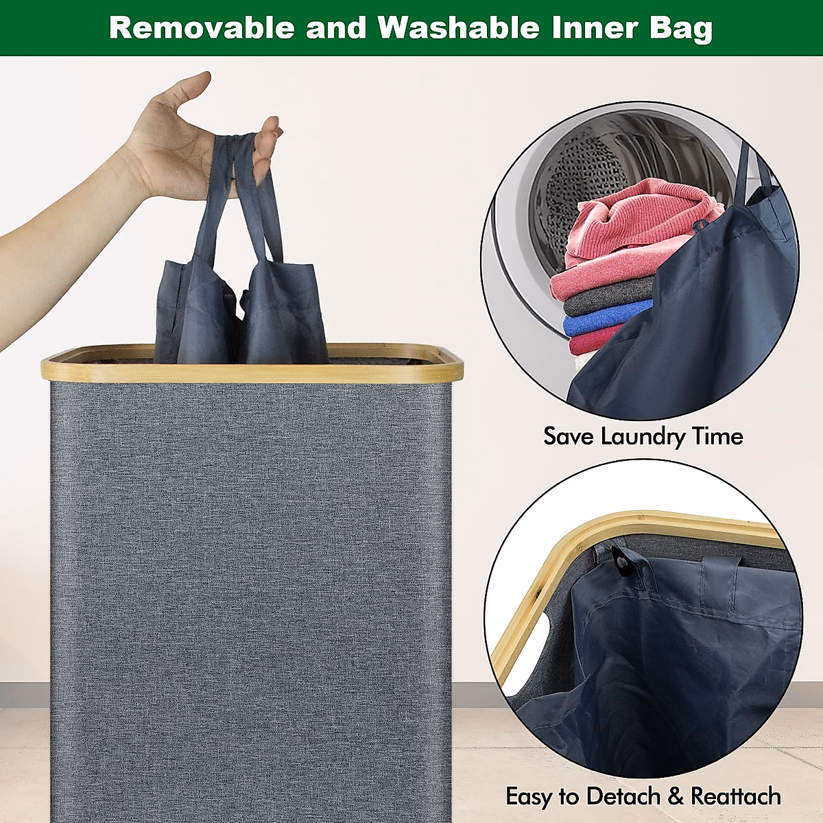 ZHSX Laundry Hamper/Basket with Lid, 100L Large Laundry Hamper/Basket/Bin with Bamboo Handle, Foldable Clothes Basket Organizer with Two Removable Inner Bags, Odor-Resistant and Waterproof(Grey)