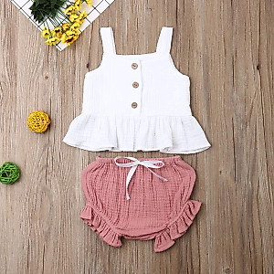 Toddler Kids Baby Girl Cotton Ruffle Halter Tank Top+ Bowknot Shorts Outfits 2PCS Set (A Pink, 2-3 Years)