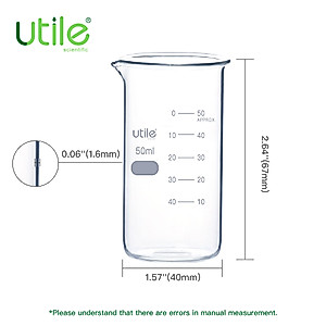 Utile 6pcs of 1.7oz(50ml) Tall Form Glass Beakers, Shot Glass, Borosilicate 3.3 Glass with Printed Graduation, 4001.0050.6
