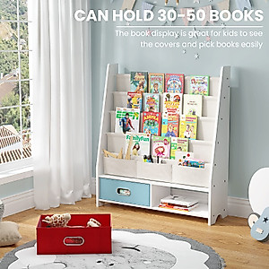 SEIRIONE Sturdy Kids Bookshelf, Children Display Rack, 4 Sling and 2 Storage Boxes for Toys Organizer, White/Wood Texture