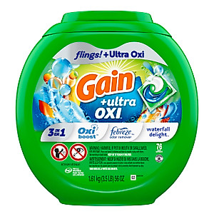 Gain flings Ultra Oxi Laundry Detergent Pacs 3-in-1 HE Compatible, Waterfall Delight Scent, 76 Count