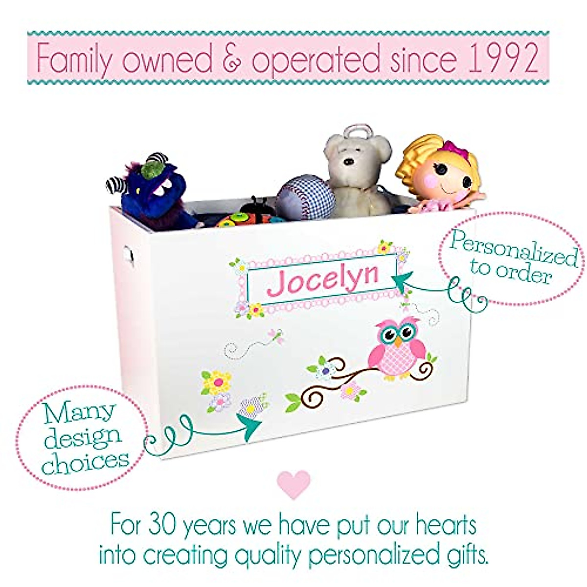 My Bambino Personalized Woodland Animals Toy Box for Children Custom White Wooden Forest Theme for Kids Bin Child Safe with No Lid Storage Playroom Nursery Kids