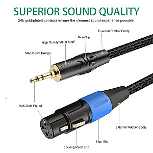 JOMLEY XLR to 3.5mm Cable, Unbalanced Female XLR to 1/8 inch Mini Stereo Jack Aux Microphone Cable Mic Cord for Cell Phone, Laptop, Speaker, Mixer - 3.3ft