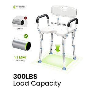 OasisSpace Heavy Duty Shower Chair with Back and Arms 300lb, Bathtub Chair with Handles - Medical Tool Free Shower Cutout Seat for Handicap, Disabled, Seniors & Elderly
