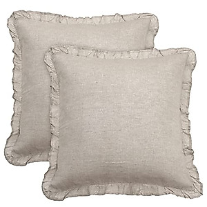 PHF 100% Linen Euro Sham With Ruffle, 26" X 26", Set of 2, No Insert, Washed Soft French Flax Throw Pillow Covers, Ultra Breathable Durable Comfy Shams for Bed Couch Sofa